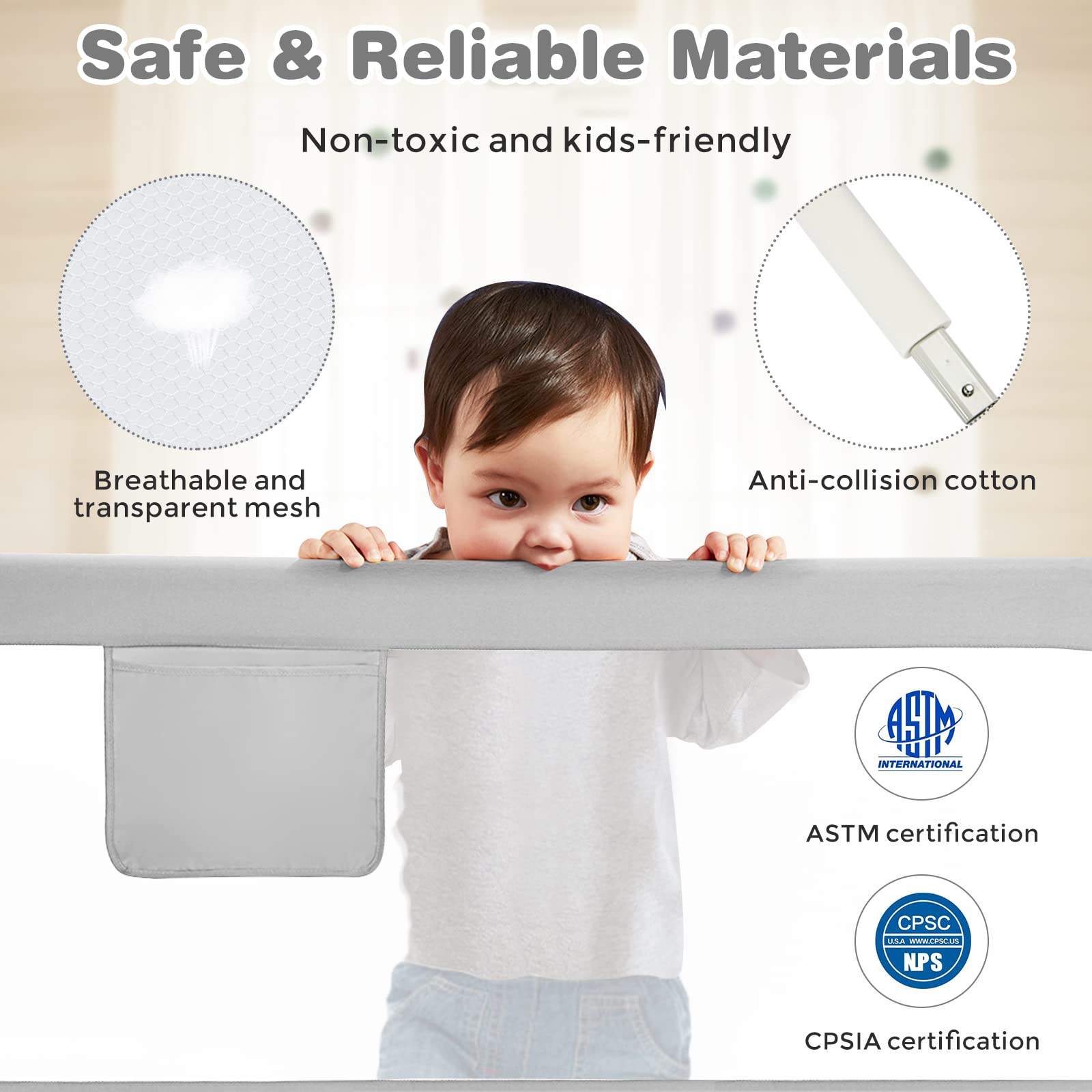 BABY JOY Bed Rail for Toddlers, 57ββ Extra Long, Height Adjustable & Foldable Baby Bed Rail Guard w/Storage Pocket & Double Safety Child Lock for Kids Twin Double Full Size Queen King Mattress (Gray)