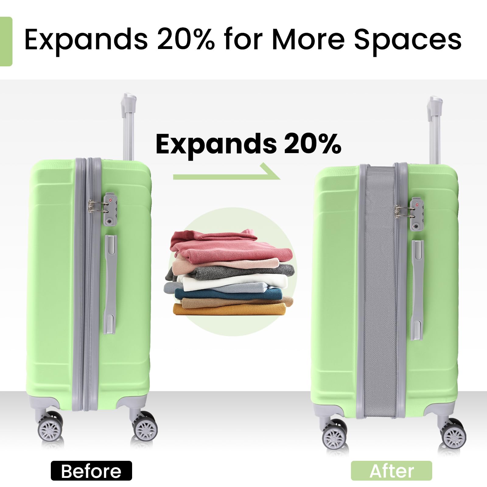 AnyZip Luggage Sets Expandable PC ABS 3 Piece Set Durable Suitcase with Spinner Wheels TSA Lock Carry On 20 24 28 Inch LightGreen