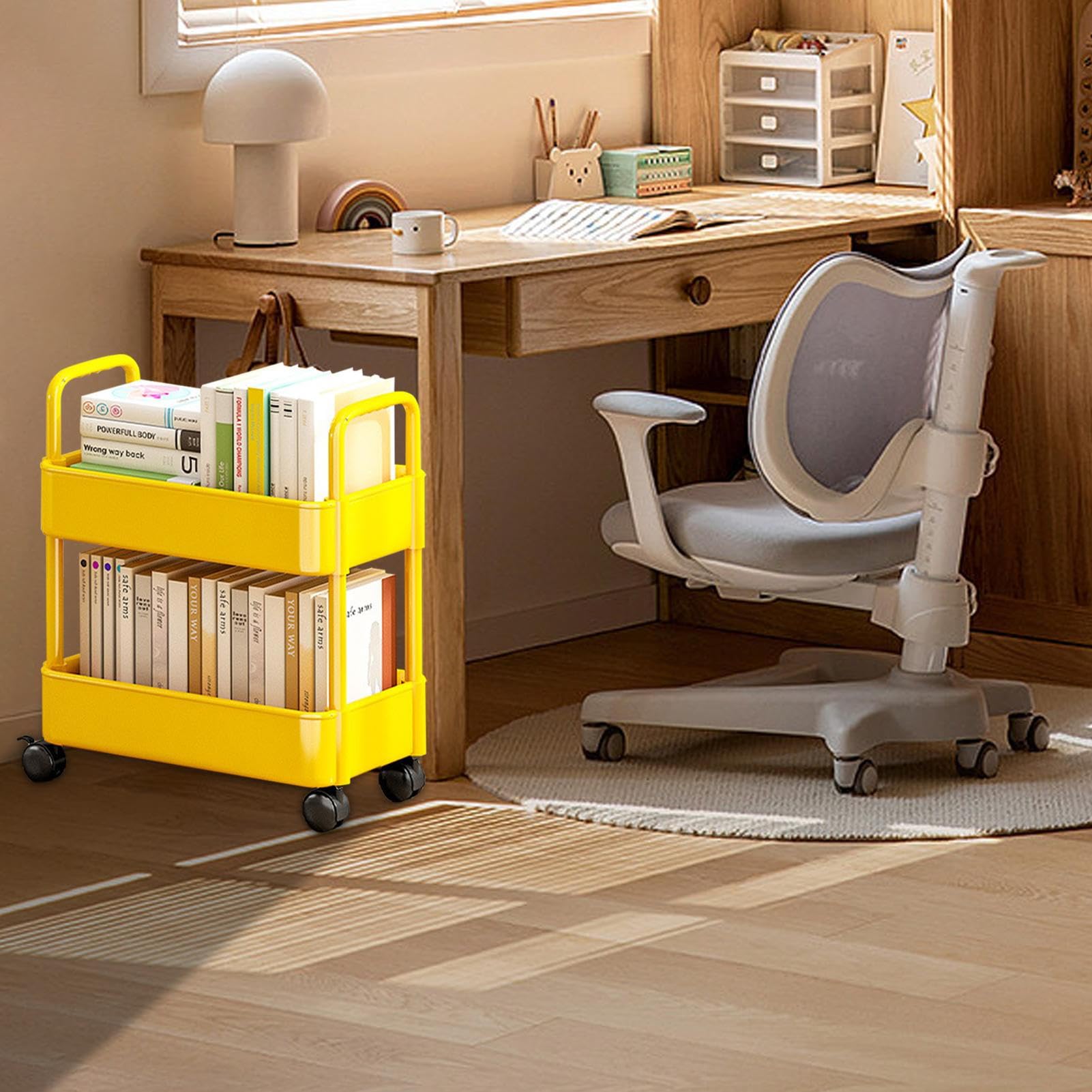 ANZAGA Bookshelf Cart, 2 Tier Rolling Cart Book Organizer, Movable Bookshelf, Rolling Shelf with Wheels & Hooks, Movable Storage Organizer for Home and Office