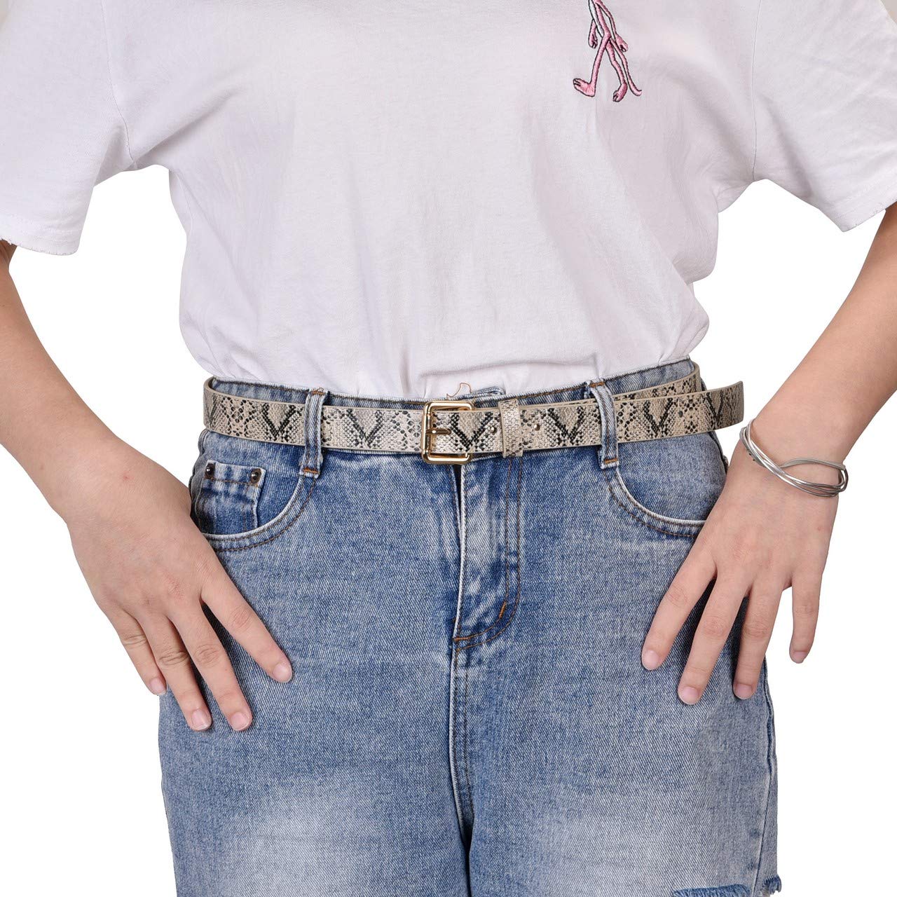 Ayliss Womens Belts Snakeskin PU Leather Waist Belt for Jeans (White)
