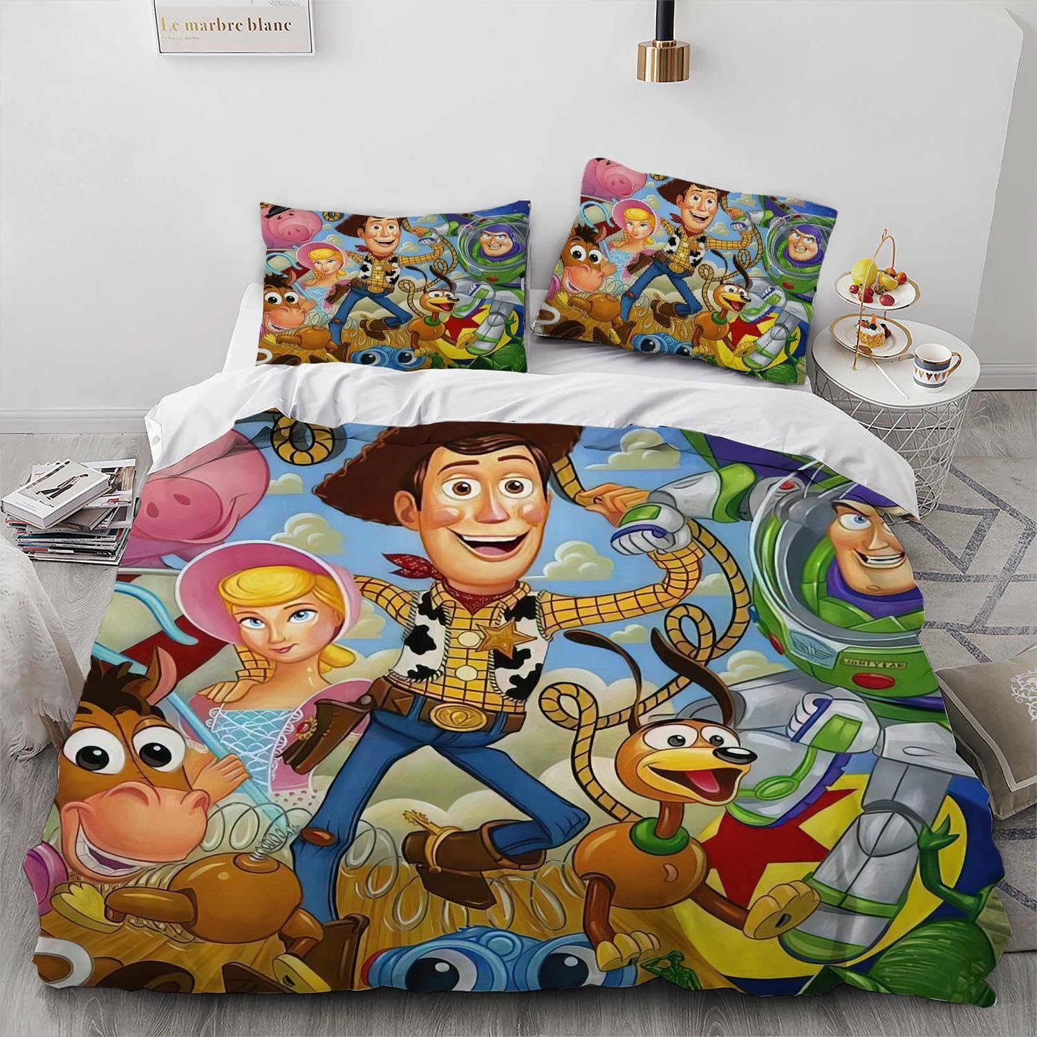 EVURU Toy Buzz Woody Cartoon Duvet Cover Set, 100% Microfiber Bedding Set, Skin-Friendly 3 Piece Comforter Cover Set for a Comfortable Sleep (01,Queen 90x90inch)