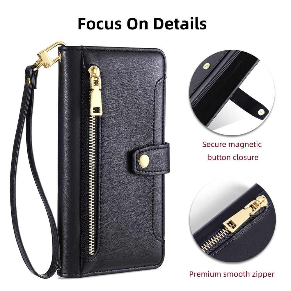 Arseaiy Wallet Case for OPPO Realme X50 Pro Flip Phone Case with Crossbody Strap Magnetic Handbag Zipper Pocket PU Leather Shockproof with Kickstand Phone Shell Black