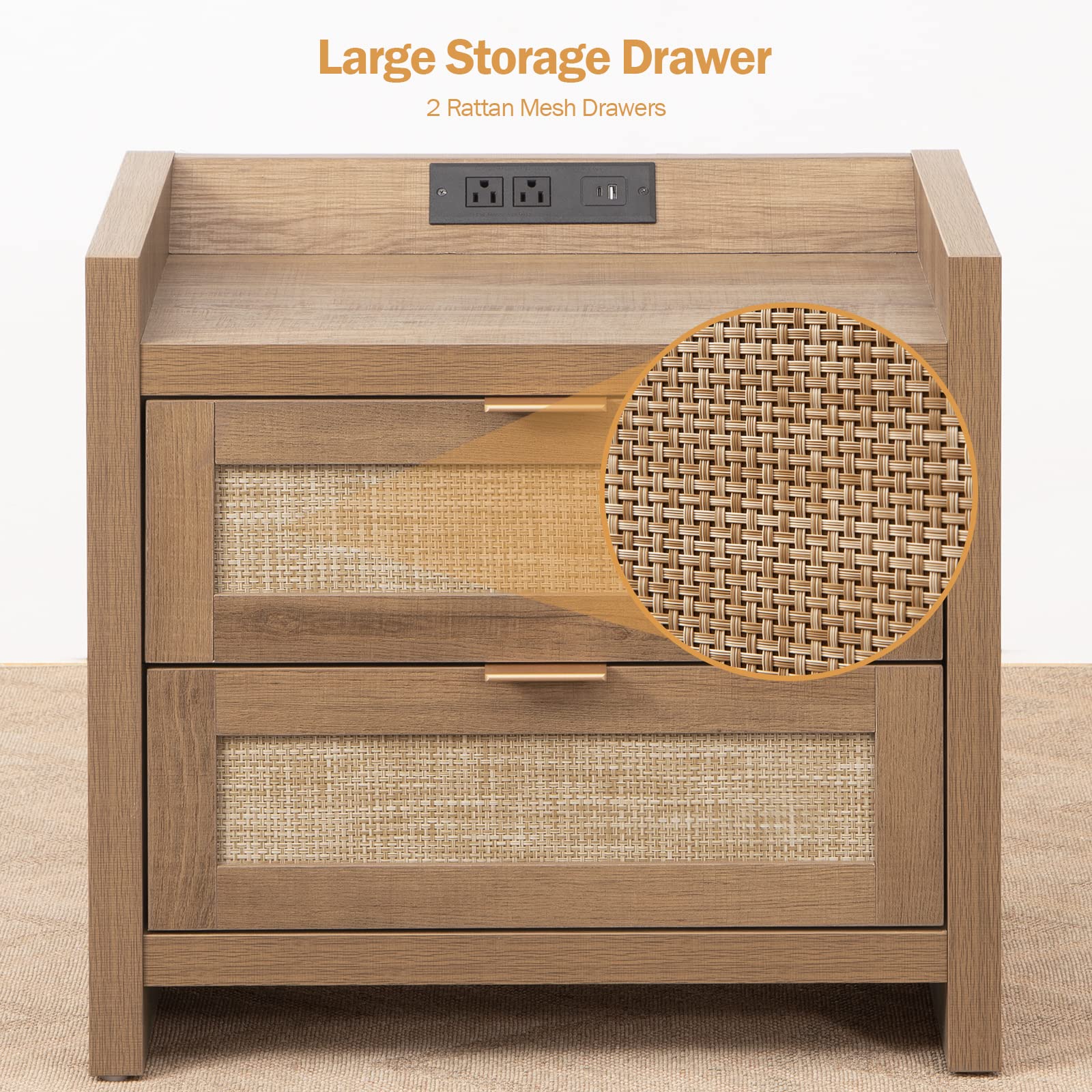 SICOTAS Night Stand Set of 2 - Rattan Nightstands with Type-C Charging Station, 2 Rattan Drawers - Boho Wood Bed Side End Table for Small Space - Natural Oak