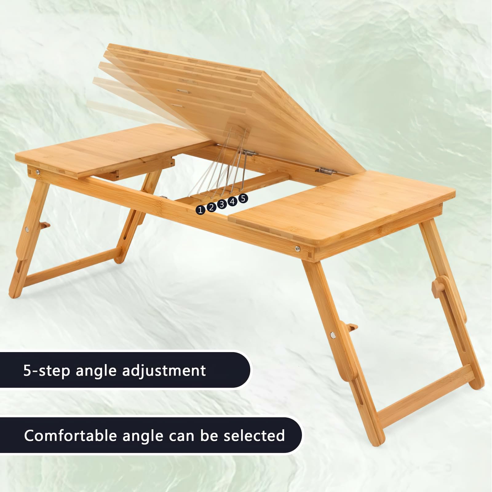 Bamboo Laptop Desk Bed Tray Table Adjustable Table for Computer Tilting Top Foldable Leg with Drawer