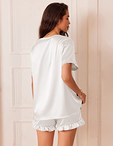 Ekouaer Women Silk Satin Pajama Set V Neck Pj Set Short Sleeve Lounge Set Satin Pajamas Set White Small