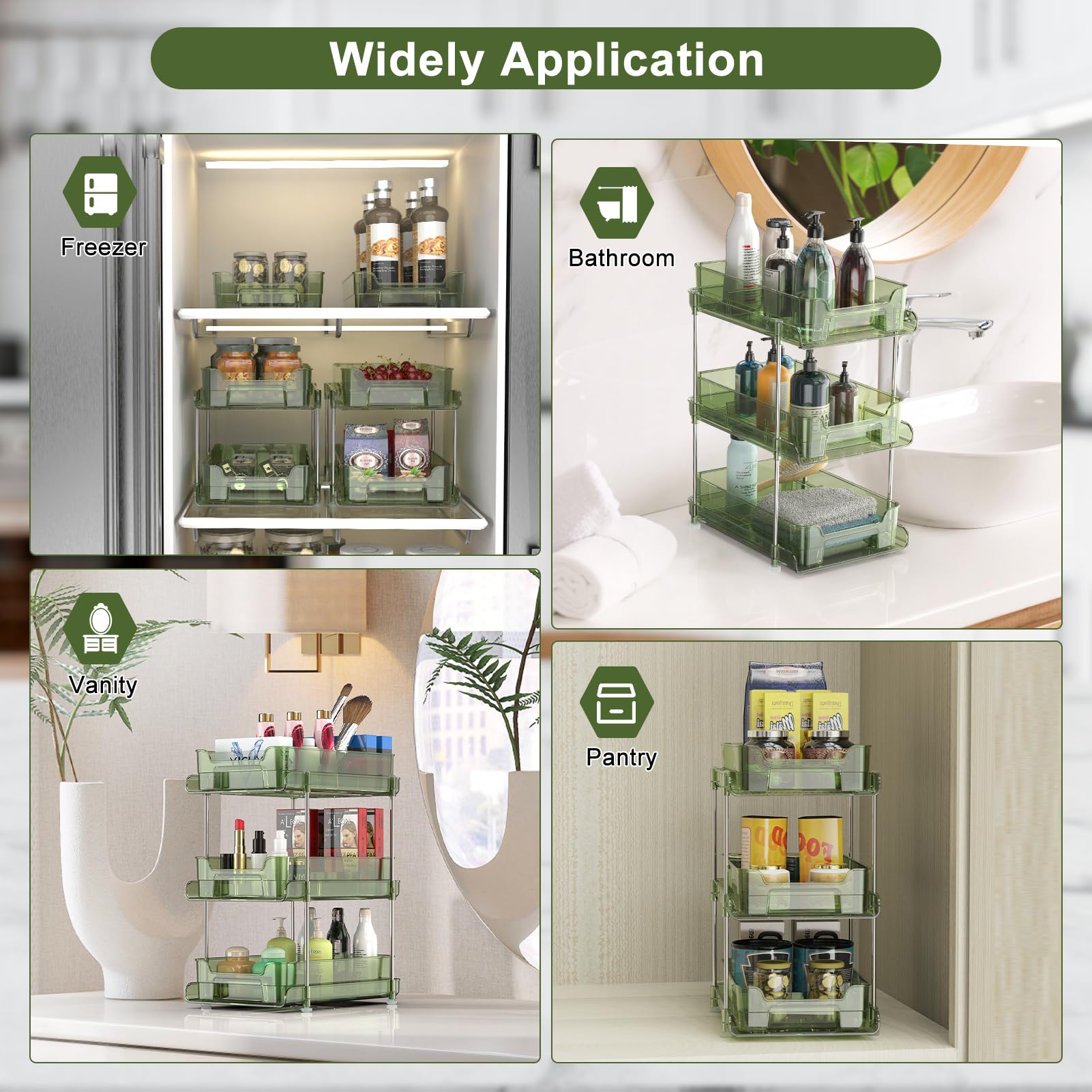 NPET 3 Tier Clear Green Organizer with Dividers for Bathroom, Sliding Cabinet Under Sink Organizer Kitchen, Pull Out Under Cabinet Organizer Storage Container for Pantry, Vanity, Medicine, Counter