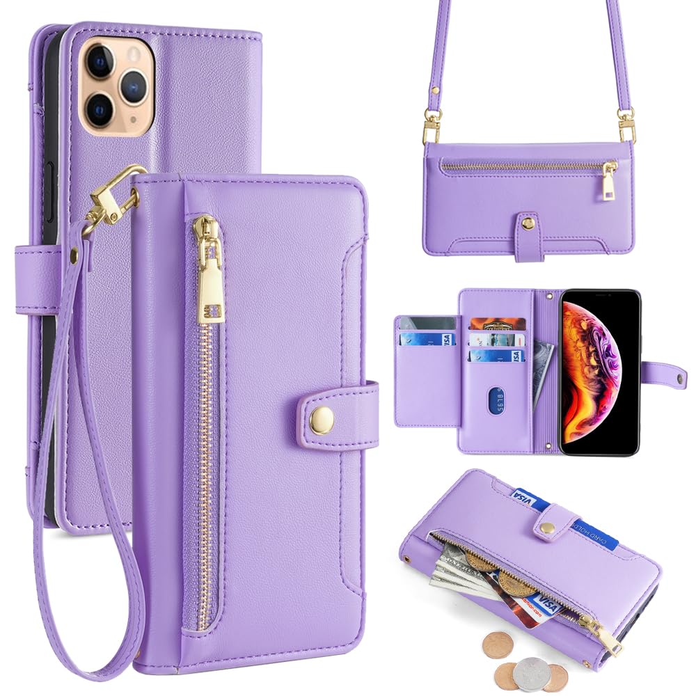 Arseaiy Wallet Case for iPhone 15 Pro Max Flip Phone Case with Adjustable Crossbody Strap Magnetic Handbag Zipper Pocket Cases PU Leather Shockproof Cover with Kickstand Phone Shell Purple