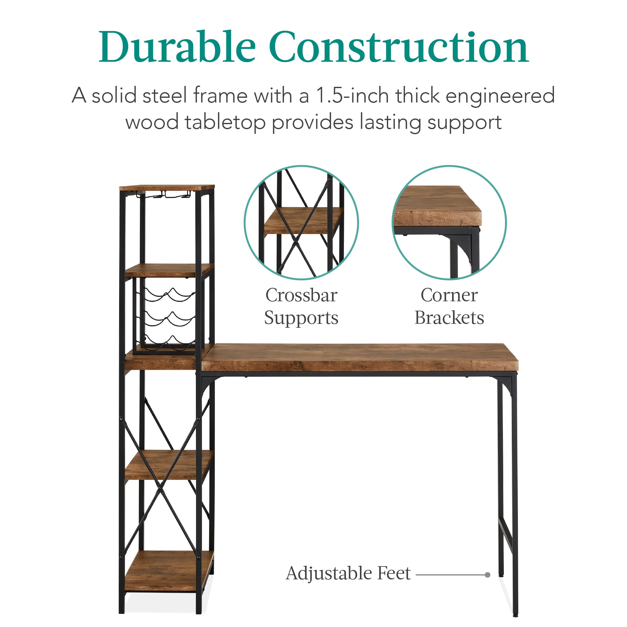 Best Choice Products 3-Piece Counter Height Dining Set, Desk, Bar, Kitchen Island Table w/ 2 Stools, Wine Rack & Storage Shelves - Brown