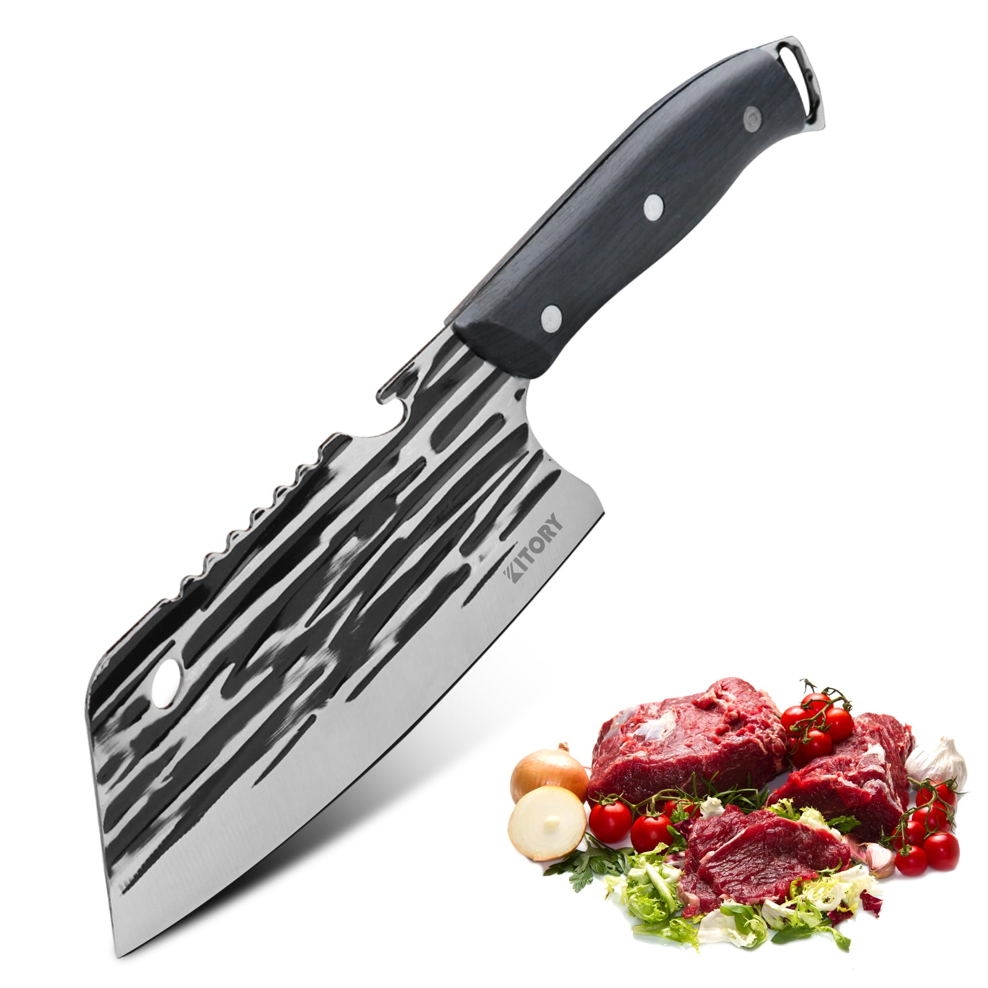 Kitory Cleaver Knife 7 Inch Chinese Knife with hanging hole, High Carbon Stainless Steel Kitchen Knife with Ergonomic Handle, Ultra Sharp, Full Tang