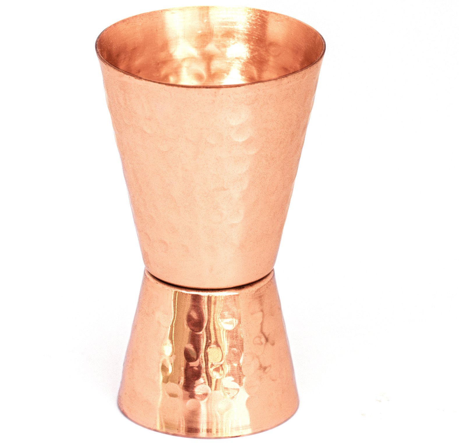 Copper jigger lacquered for the shine and to prevent tarnish. - Double 1oz/2oz copper measuring jigger for cocktail mixing. - Solid hammered copper 22G copper. - Copper shot glass for Moscow mule.