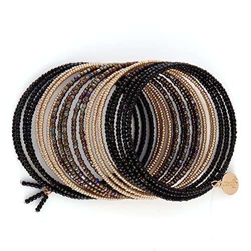 Coiris Multilayer Seed Beads Stretch Bracelets Tiny Beaded Stackable Strand Bangle for Women Girls(BR-1211-Black Gold Ancient Brown)