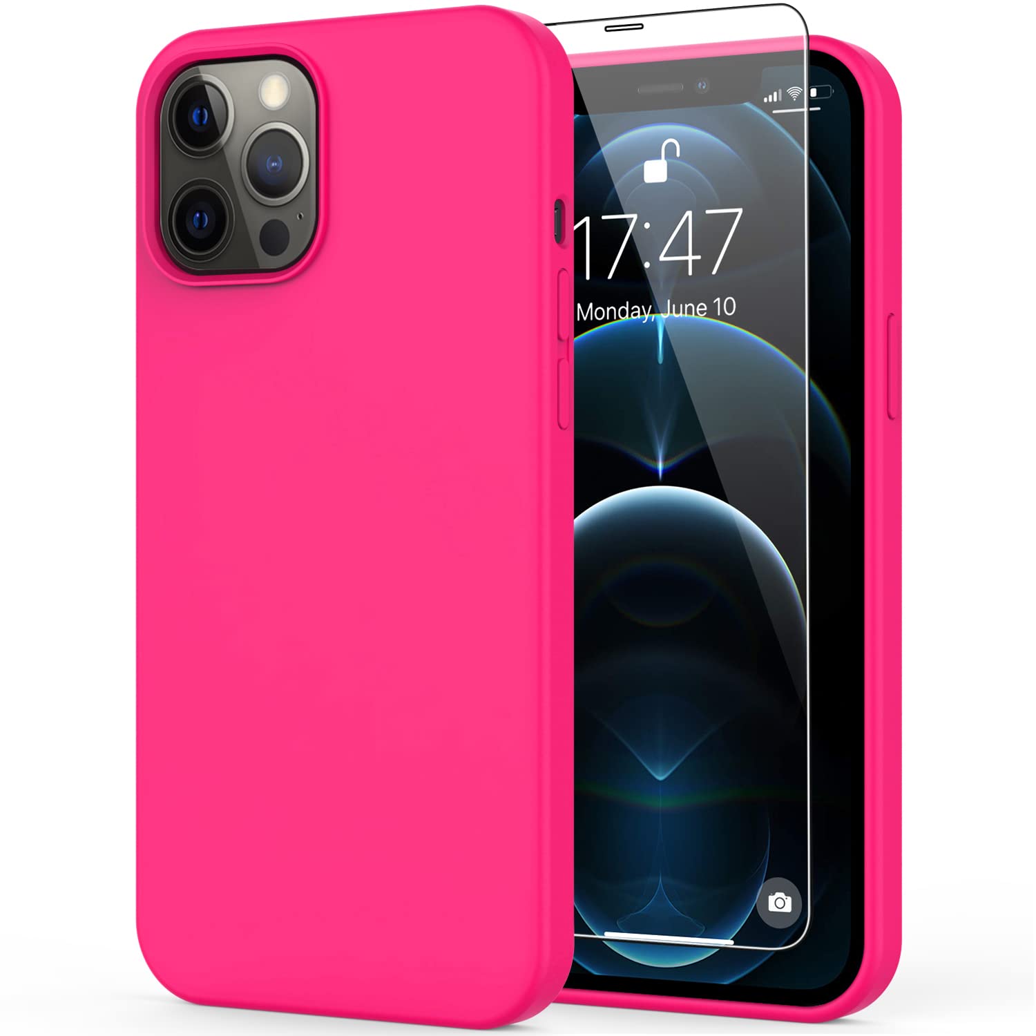 DEENAKIN Compatible with iPhone 12 Pro Max Case with Screen Protector,Soft Silicone Gel Rubber Bumper Cover,Slim Fit Shockproof Protective Phone Case for iPhone 12 Pro Max 6.7" Hot Pink
