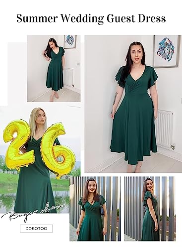Dokotoo Women's Fall Short Sleeve Casual Dresses V-Neck Floral Party Dress Green L