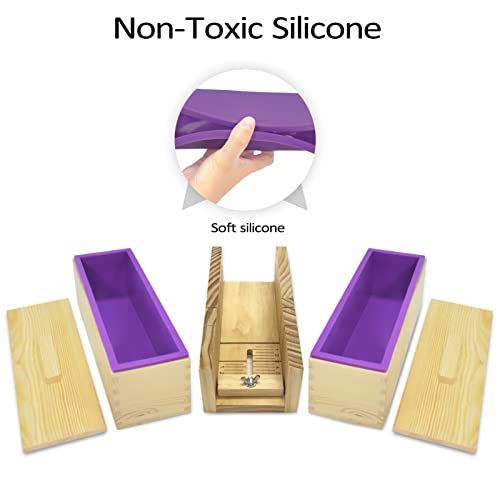 Artcome Loaf Soap Making Cutting Mold Kit 2Pcs 42oz Rectangular Silicone Soap Mold, 2Pcs Wooden Box with Lid, Adjustable Wooden Soap Cutting Tool with Stainless Steel Wavy & Plastic Straight Cutter