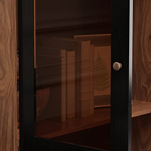 ECACAD 3-Tier Tall Bookcase Storage Cabinet with 2 Acrylic Glass Doors, Wood Bookshelf Display Cabinet with Metal Legs for Living Room & Office, Brown and Black (31.5”L x 15.9”W x 70.7”H)