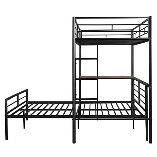 ATY Metal Bunk Beds Twin Over Full Size, L Shaped Steel Bedframe w/Desk & Built-in Ladder and Full-Length Guardrail, No Box Spring Needed, Black