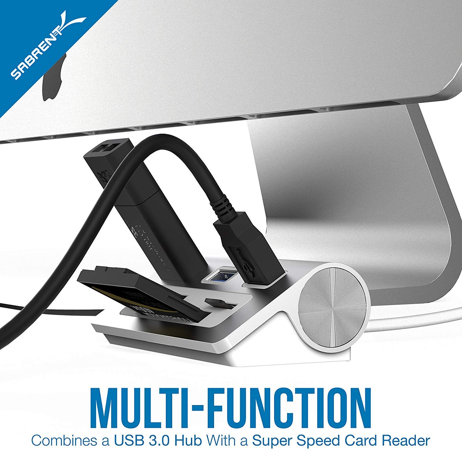 SABRENT Premium 3 Port Aluminum USB 3.0 Hub with Multi-in-1 Card Reader (12" Cable) for iMac, All MacBooks, Mac Mini, or Any PC (HB-MACR)