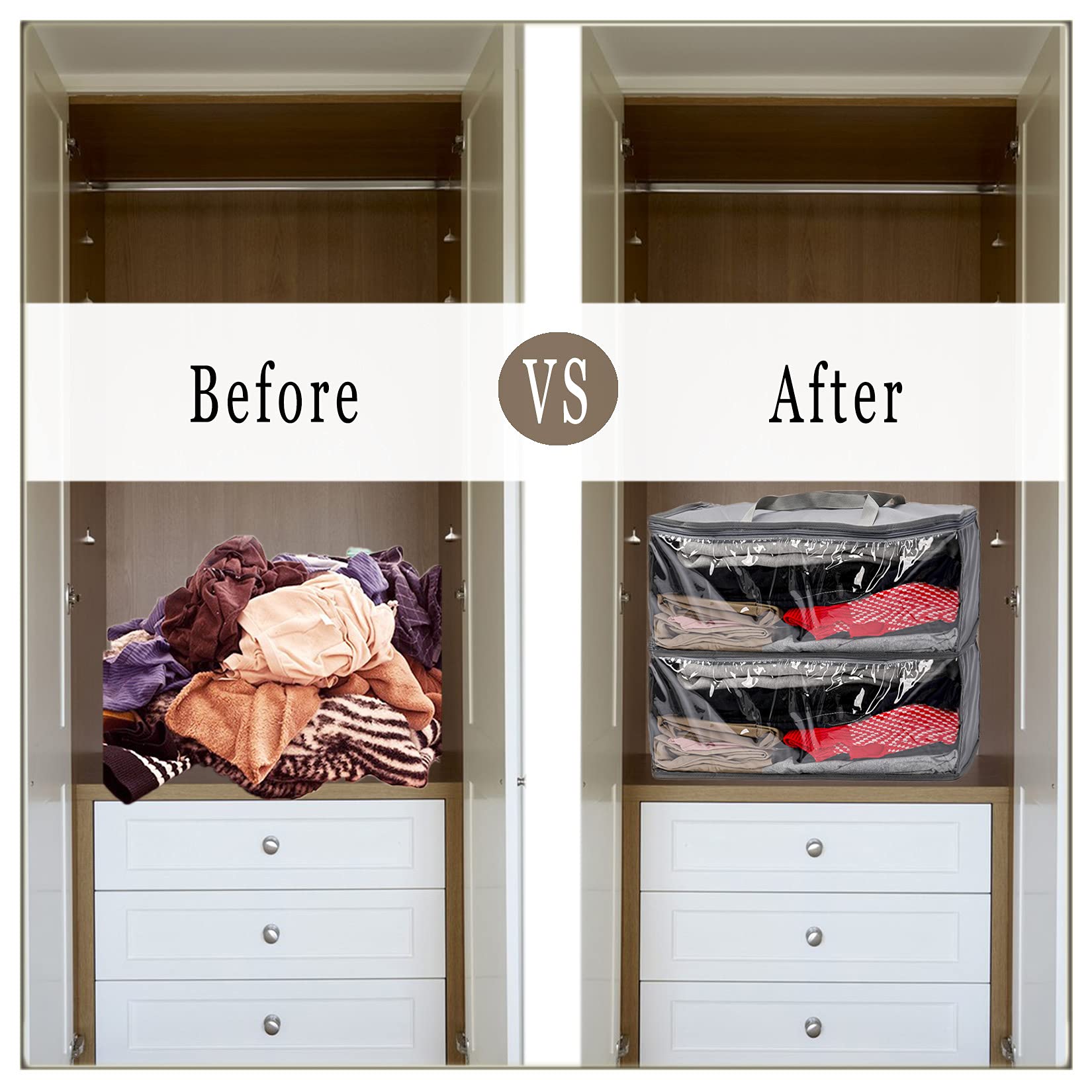 Foldable Storage Bag,24L Large Foldable Clothes Organizer Clear Window&Carry Handles,Sturdy Zippers,Great for Clothes,Blankets,Closets,Bedrooms and More (22 x 9x 3, Grey)