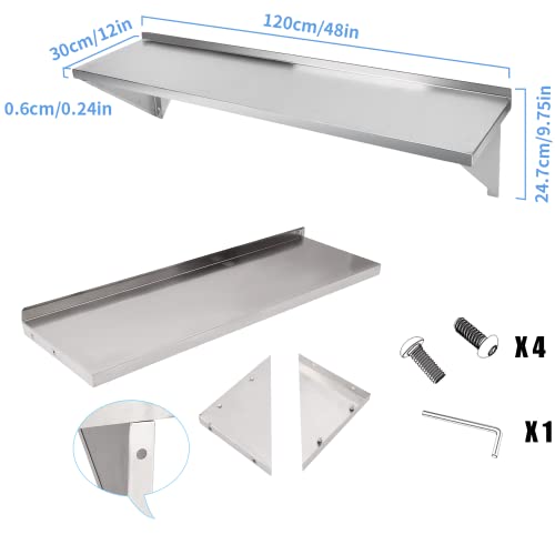 tonchean Metal Wall Shelf 48x12 Inch Stainless Steel Wall Mount Shelf Restaurant Commercial Kitchen Shelves Heavy Duty Shelving for Kitchen