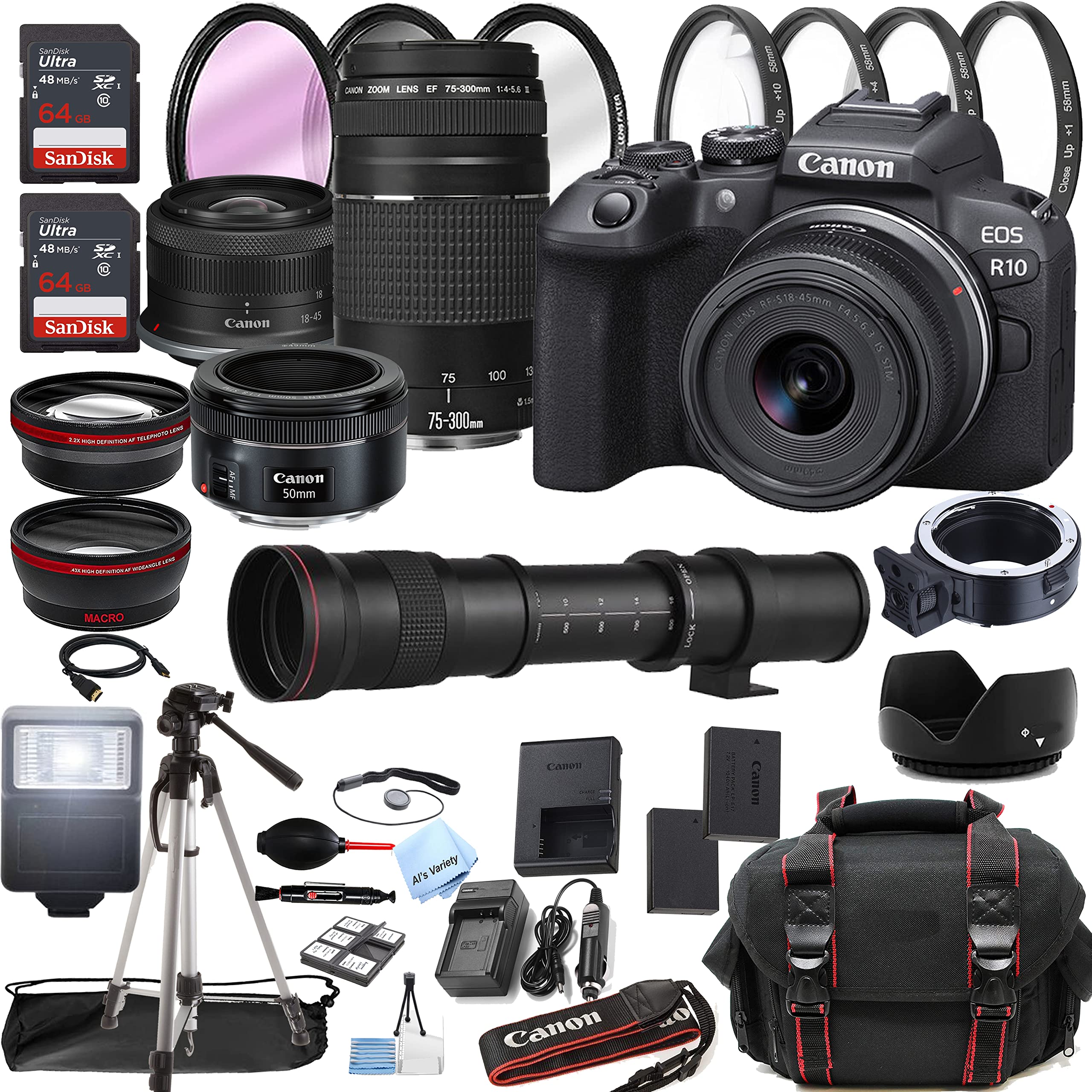 Canon EOS R10 Mirrorless Digital Camera with RF-S 18-45mm is STM Lens + 75-300mm Lens + 50mm STM Lens + 420-800mm Super Telephoto Lens + 128GB Memory + Case + Tripod + Filters (45pc Bundle)