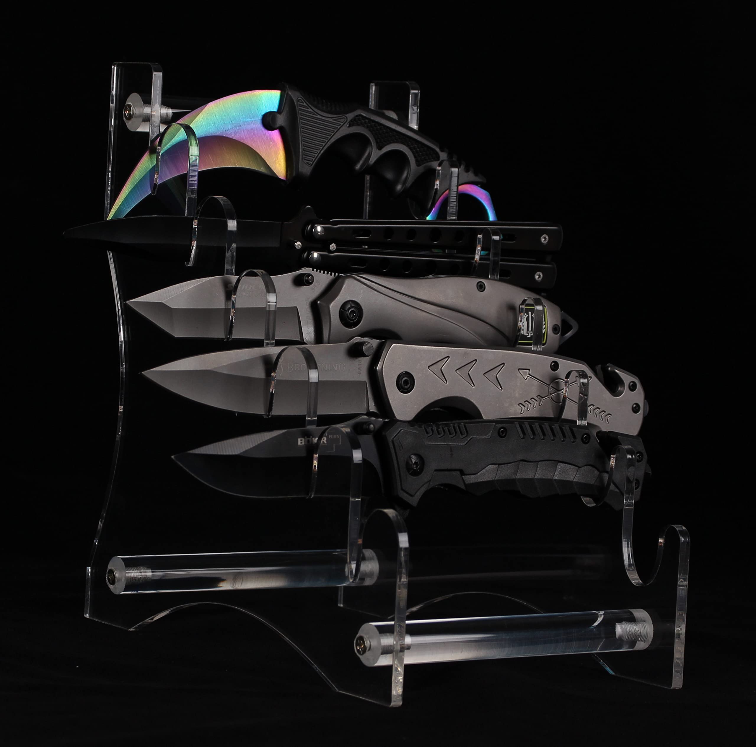 HHUXIUE Knife Display Stand,Knife Display,Acrylic Knife Display Case,Suitable for dagger, EDC, mini knife. Holds 6 pocket knives(transparent)