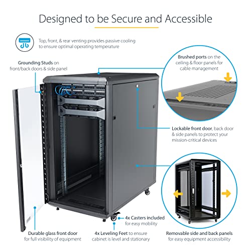 StarTech.com 22U Server Rack Cabinet with secure locking door - 4 Post Adjustable Depth (5.5" to 28.7") - 1768 lb capacity - 19 inch Portable Network Equipment Enclosure on wheels/casters (RK2236BKF)
