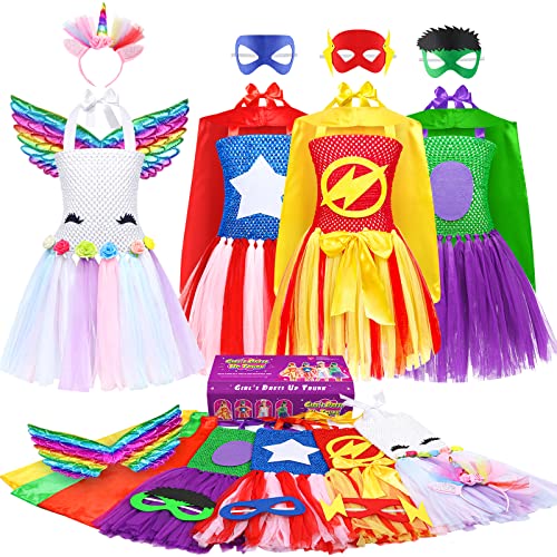 DOLNOW Girls Dress up Trunk Girls Pretend Play Costumes,12pcs Role Play Set with Supergirl Unicorn Hero Costumes for Toddler Little Girls Ages 3-6yrs