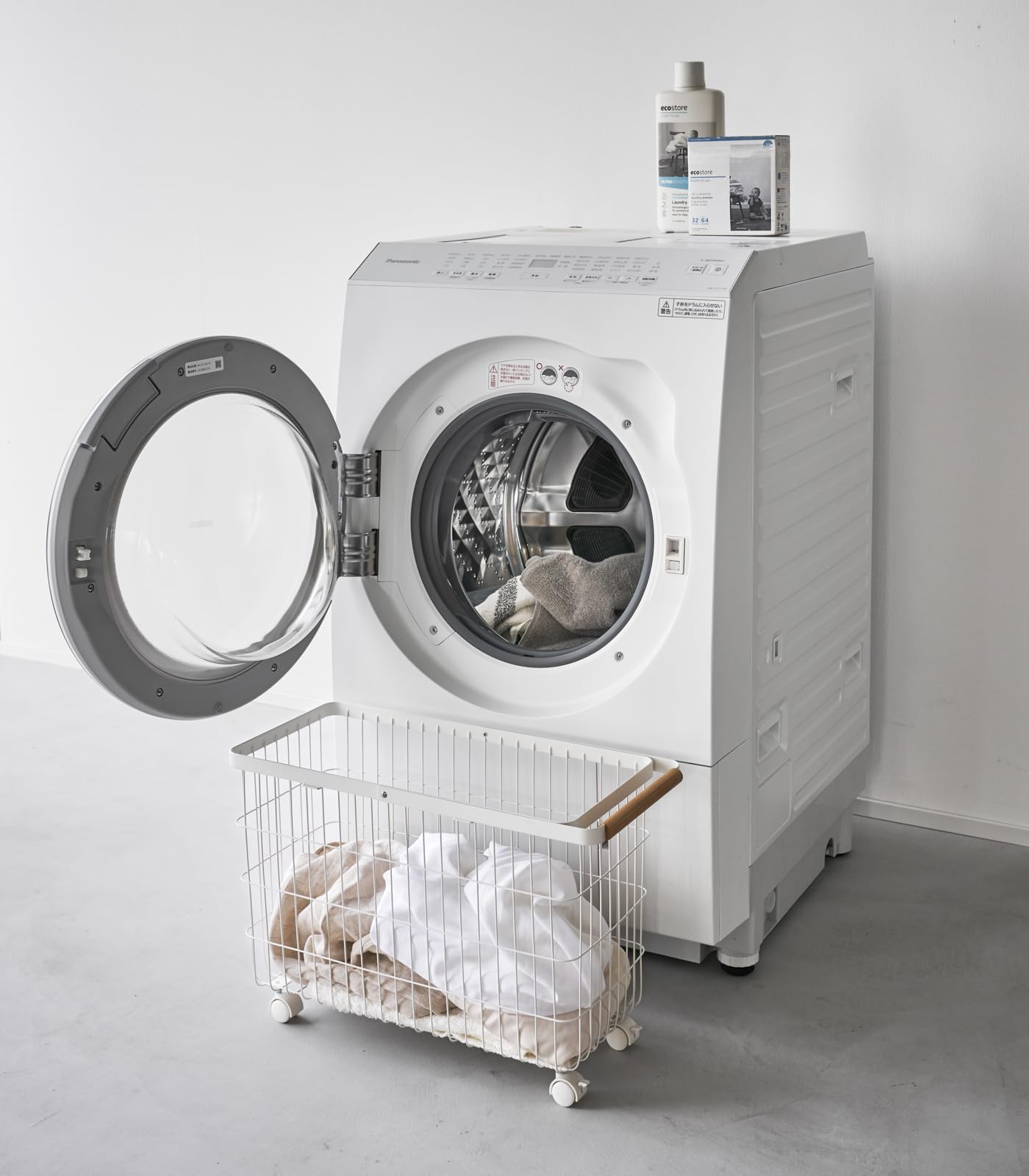 Yamazaki Home Tosca Compact Rolling Laundry Basket Cart - Metal Hamper With Wheels And Handle For Easy Mobility - Space-Saving Storage Solution, 15" - Steel + Wood - 9.2 Gallons, 35L