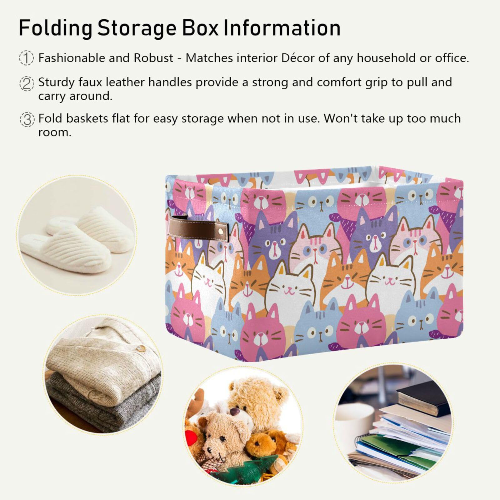 Cartoon Cat Large Storage Basket Cube Storage Bin Canvas Fabric Organizer Handles Collapsible Decorative for Clothes Toys Bedroom