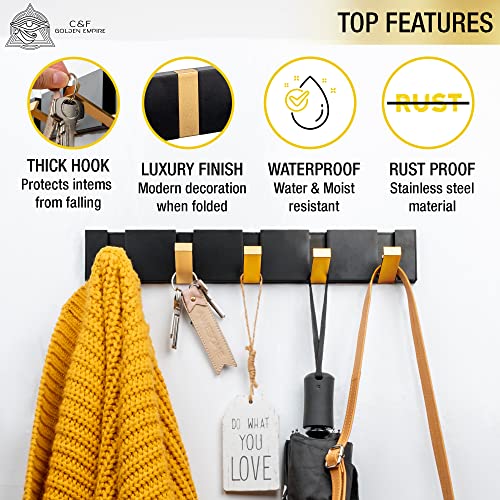 Folding Wall Hooks Invisible for Hanging - 2 Pack Black-Gold Hanging Hooks - Hangers Wall Mounted - Coat Hooks Heavy Duty Stainless Steel - Towel Wall Hooks for Hanging Coats Purse Hat Bag Keys Robe