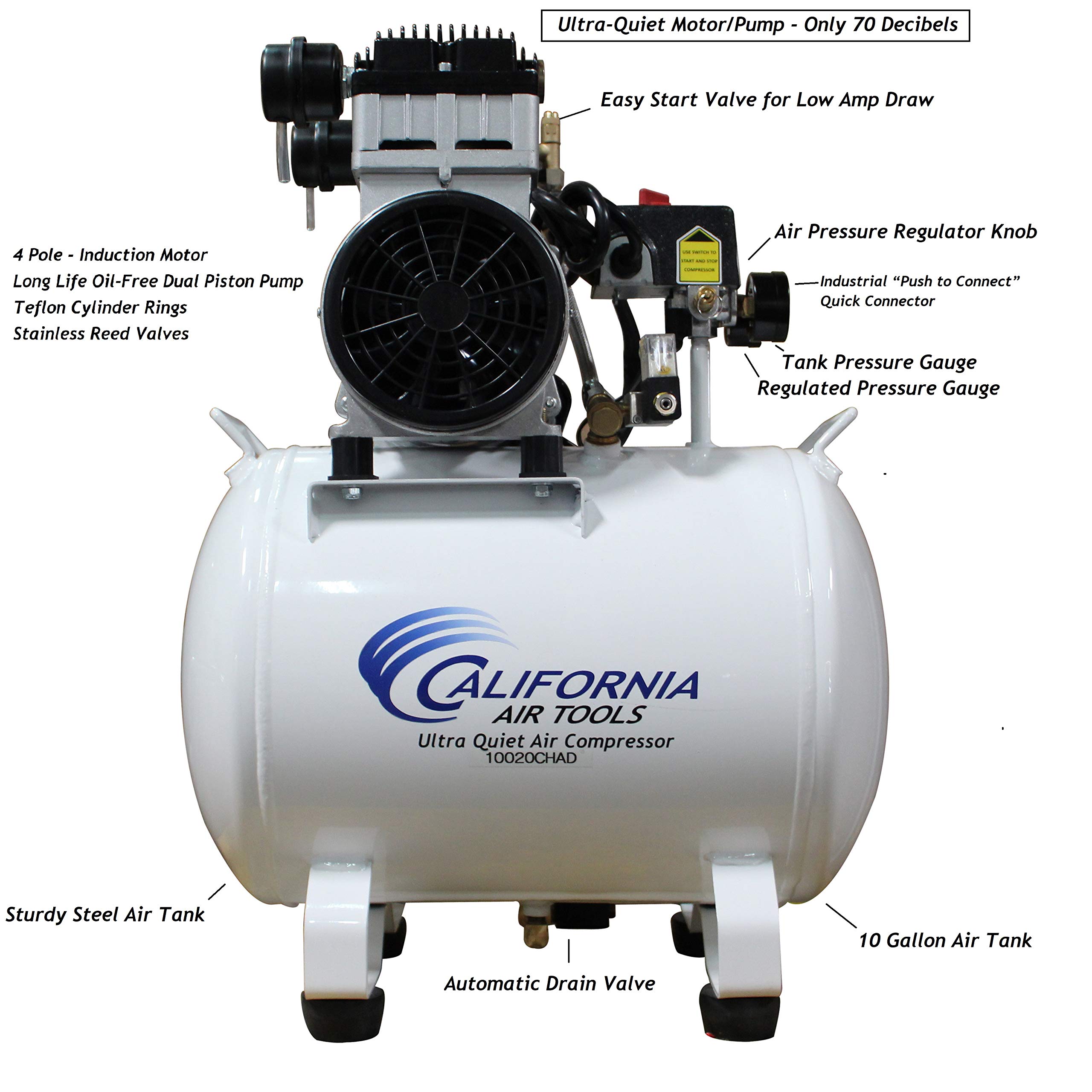 California Air Tools 10020CHAD Ultra Quiet & Oil-Free 2.0 Hp, 10.0 Gal. Steel Tank Air Compressor with Auto Drain Valve