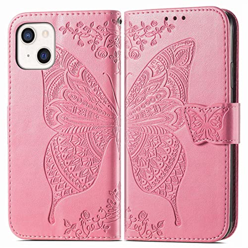 Designed for iPhone 13 Case Wallet for Women,Flip Folio Cover with Butterfly Embossed PU Leather Kickstand Credit Card Holder Slots Magnetic Wrist Strap Protective Phone Case for iPhone 13 (Pink)