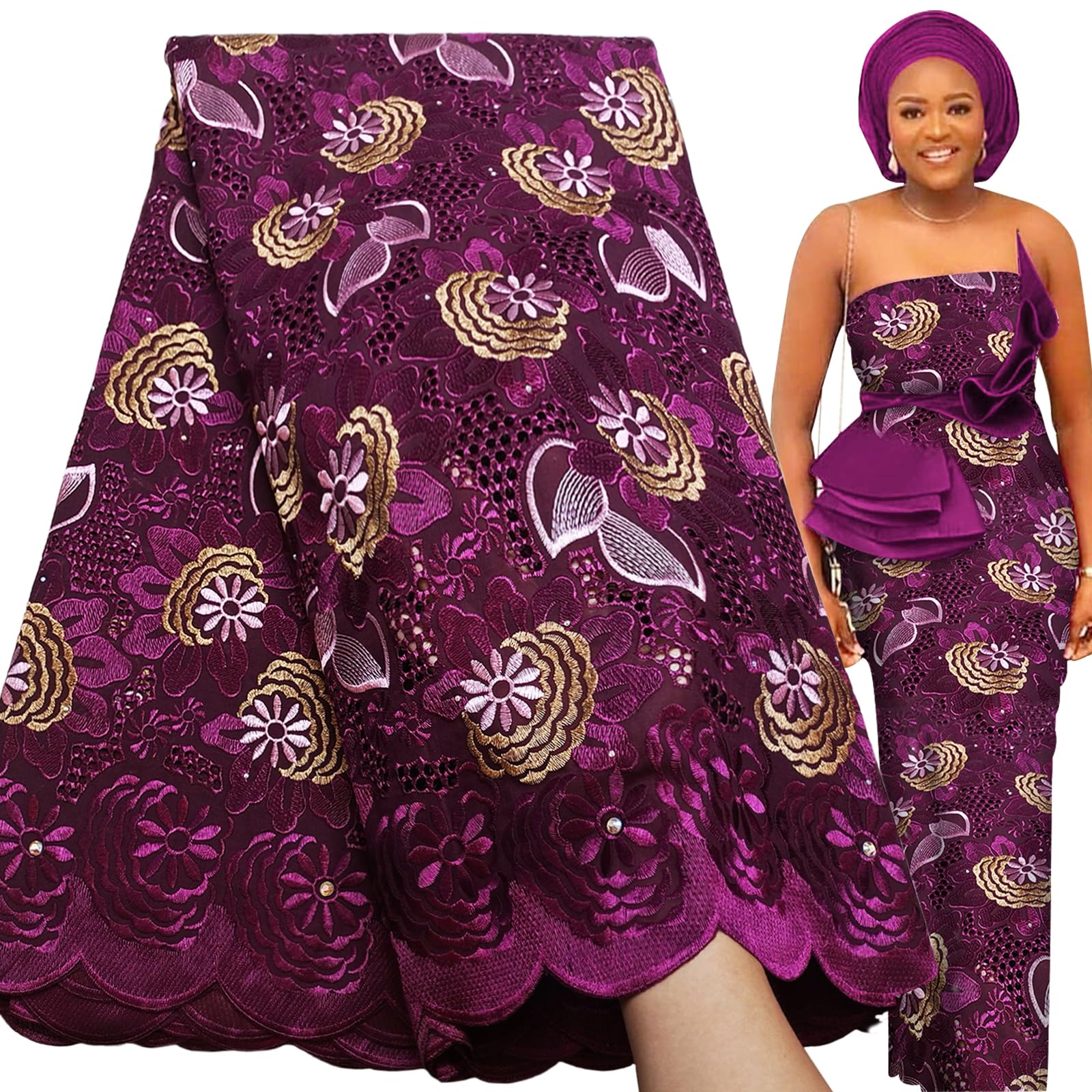 Bestway Lace African Lace Fabric 5 Yards Floral Voile Rhinestones Embroidery for Nigerian Wedding Party Dress Material (Magenta)
