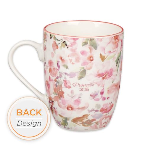 Christian Art Gifts Encouraging Ceramic Coffee & Tea Bible Verse Mug for Women: Trust in the Lord Inspirational Scripture Proverb, Microwave & Dishwasher Safe, White & Pink Watercolor Floral, 12 oz.