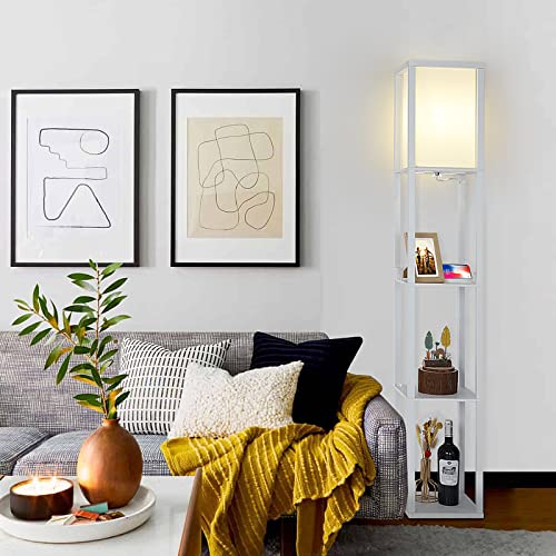 FOLKSMATE Touch Control Shelf Floor Lamp, Modern Dimmable LED Standing Lamps with Shelves, 2 Fast Charging USB Ports and Power Outlet, Wood Tall Light for Living Room, Bedroom, Bedside,White