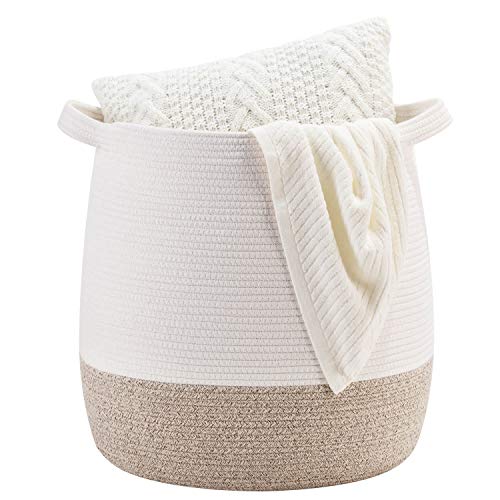 MINTWOOD Design Large 17 x 17 Inches Decorative Woven Cotton Rope Blanket Basket for Living Room, Laundry Basket Hamper, Storage Baskets with Handles for Toys, Throws, Pillows, Towels, Shoes, Brown