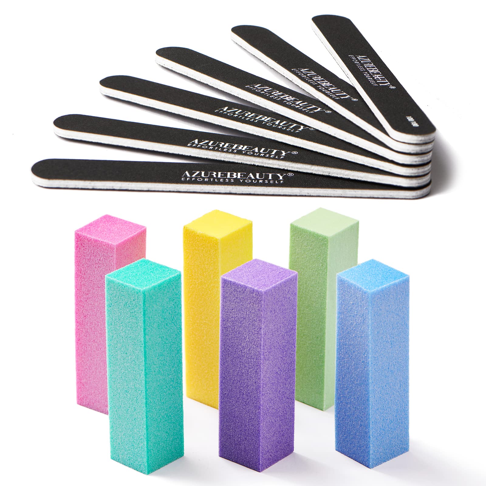 AZUREBEAUTY Nail Files and Buffers, 12Pcs Professional Dip Powder Manicure Tools Kit, 6 Pcs Double Sided 100/180 Grit Nail Files & 6Pcs Rectangular Nail Buffer Block Random Color