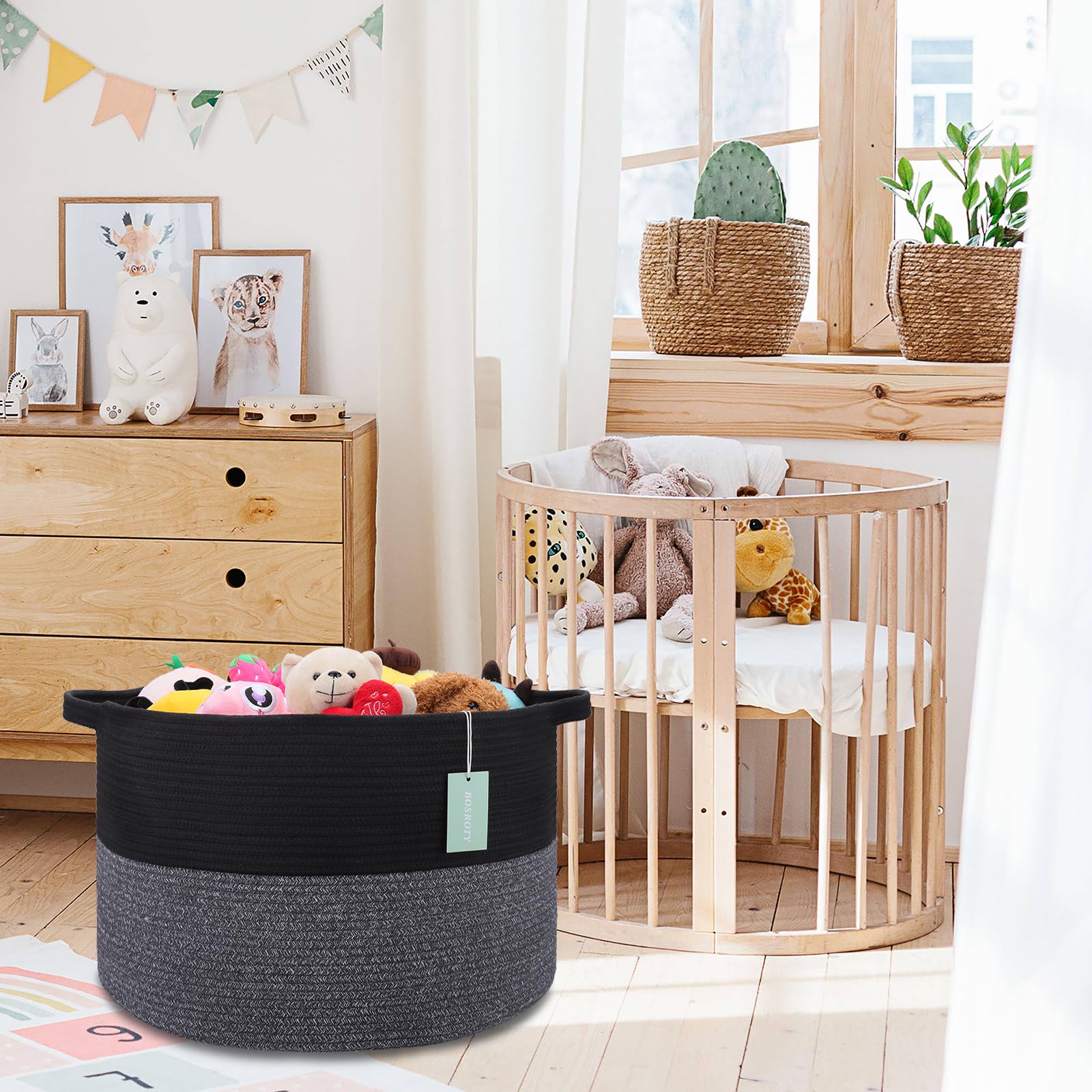 BOSROTY Large Laundry Hamper Basket for Clothes 72L, Nursery Hamper, Blanket Basket, Clothes Basket Laundry, Woven Storage Basket, Toy Basket, Cotton Rope Laundry Basket, 16”x 22”, Black & Gray