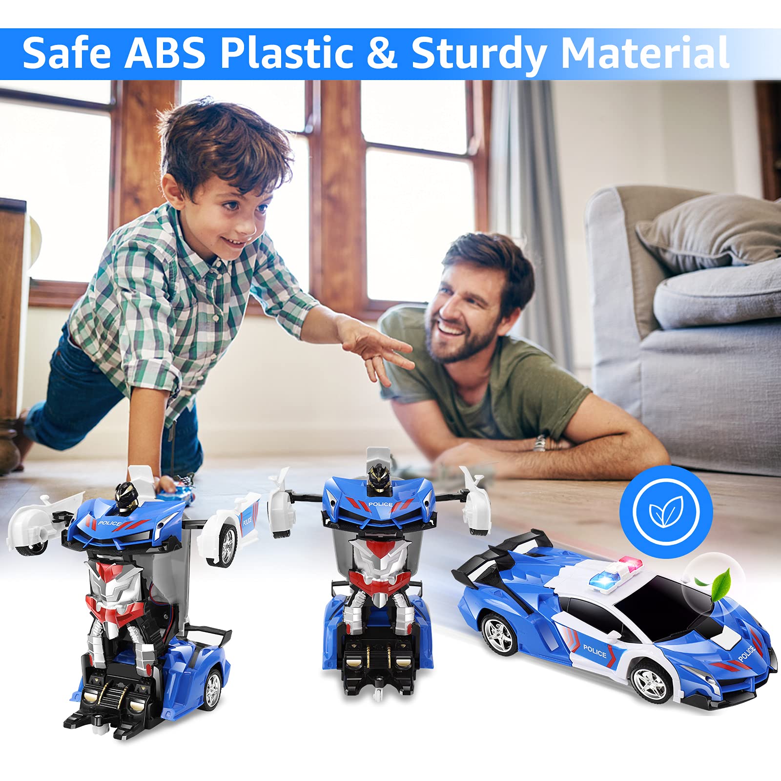 FAFUGANIA Remote Control Car, Transform Robot RC Car with One Button Deformation, 2.4Ghz 360 Degree Rotating Drifting Police Toy Cars, 1:18 Transforming Robot Boys Toys