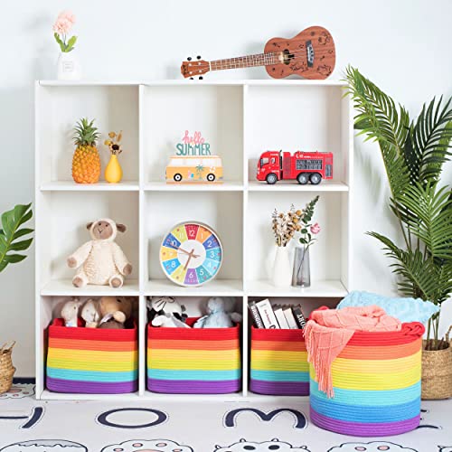 MINTWOOD Design 15 x 14.2 Inches Woven Cotton Rope Storage Basket, Stuffed Toy Basket Bin, Laundry Basket Hamper, Nursery Basket, Dog Toy Basket, Blanket Basket, Gift Basket, Rainbow