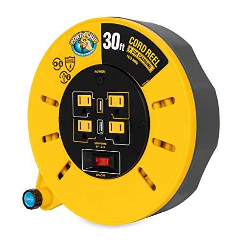 Camco Power Grip 30-Foot Extension Cord Reel with USB Charging Ports | Provides an Extended Length to Power Your Equipment and Devices | Features Multiple Built-in Power Outlets (55290)