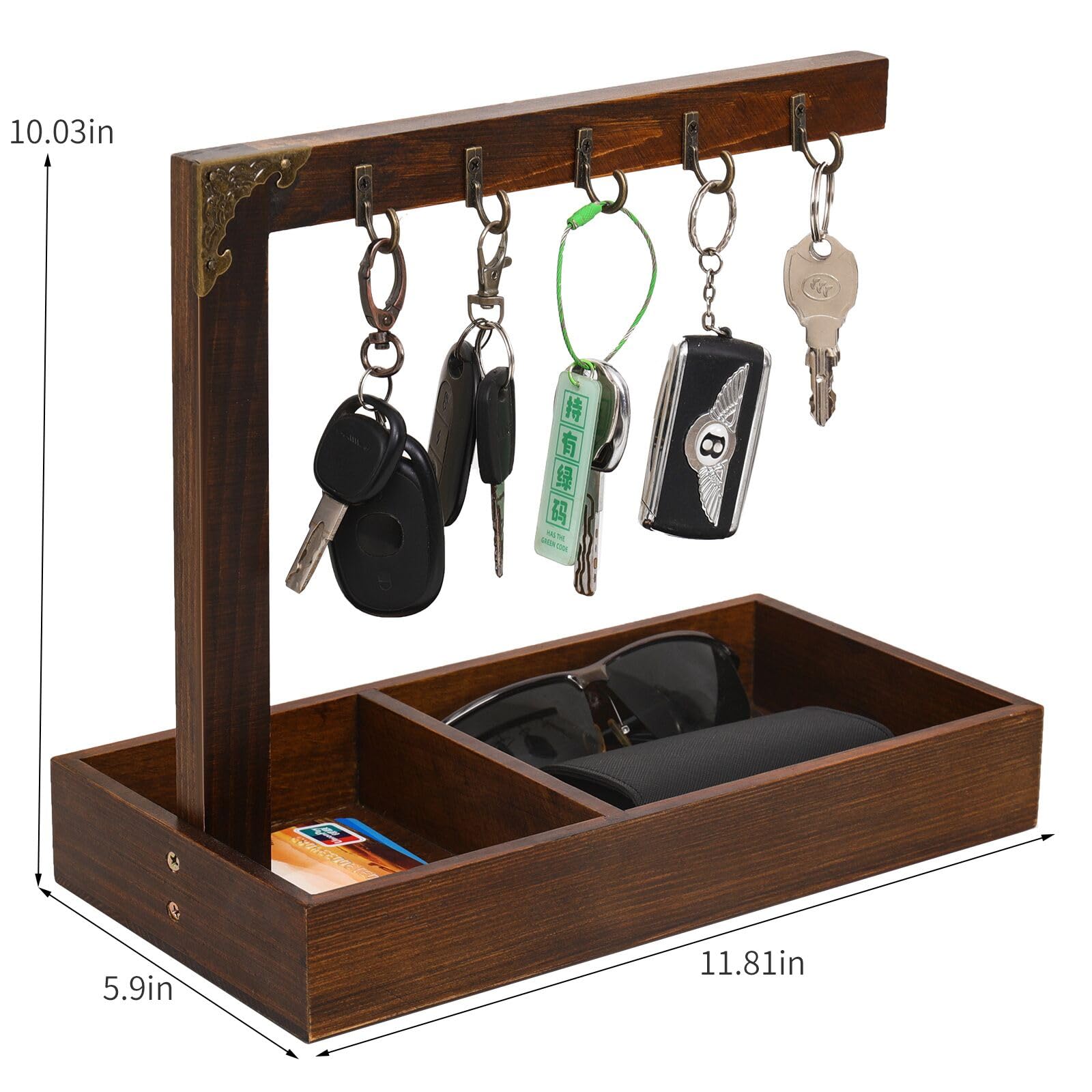 QingNian Wooden entryway Key Holder countertop Key Holder, Antique Decorative Organizer with Storage Tray and Five Bronze Hooks, Necklace Ring Jewelry Key Holder Hanging Organizer…