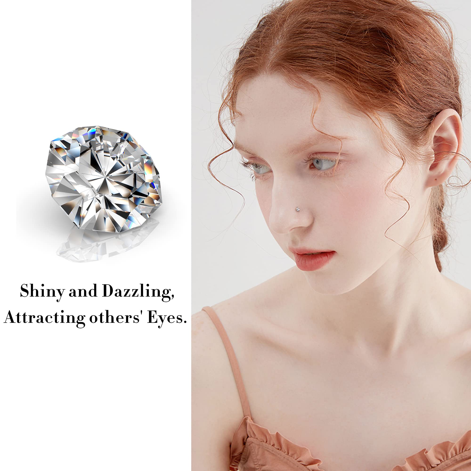 Besteel G23 Titanium 20G Nose Rings Studs for Women Men Clear Diamond CZ Nostril Piercing Jewelry Straight/Screw/L Shaped Nose Studs Set 1.5mm 2mm 2.5mm 3mm 8PCS Screw Shaped