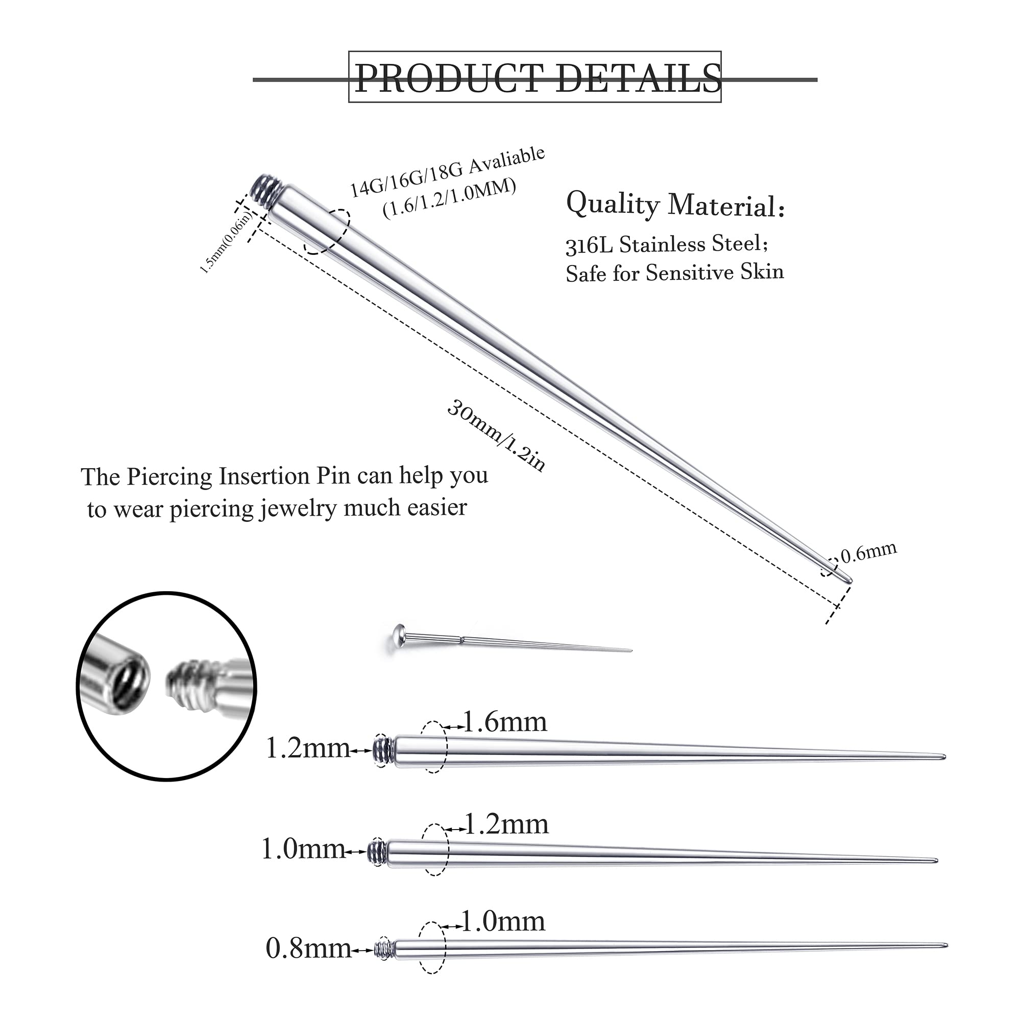 Besteel Piercing Taper 14G 16G 18G 316L Stainless Steel Taper Insertion Pin for Ear/Nose/Navel/Nipple/Lip/Eyebrow Stretcher Body Piercing Stretching Kit Assistant Tool External Thread Bar