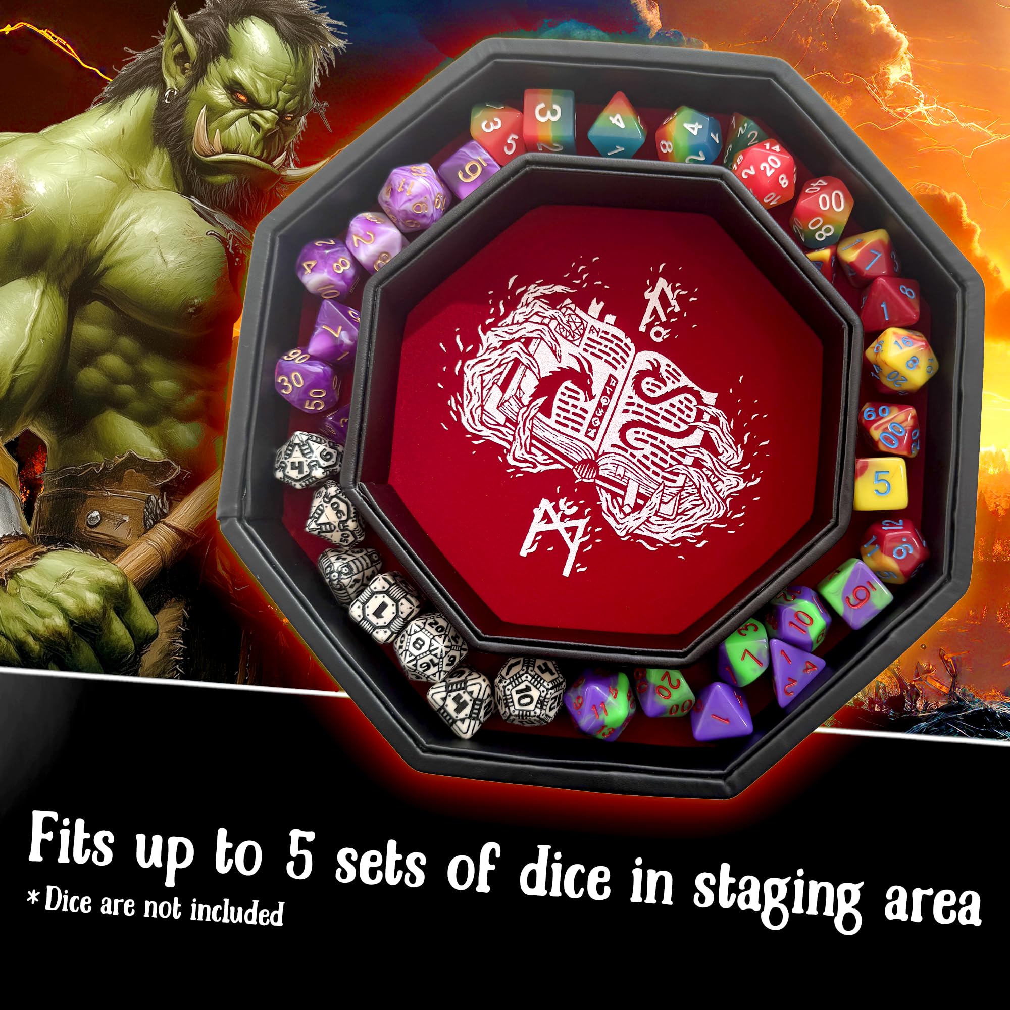Fantasydice Red Fire Dragon Dice Tray with Lid β 9" Octagon with Dice Staging Area, Holds 5 Dice Sets β Perfect for D&D, Call of Cthulhu, Shadowrun, and All Tabletop RPGs