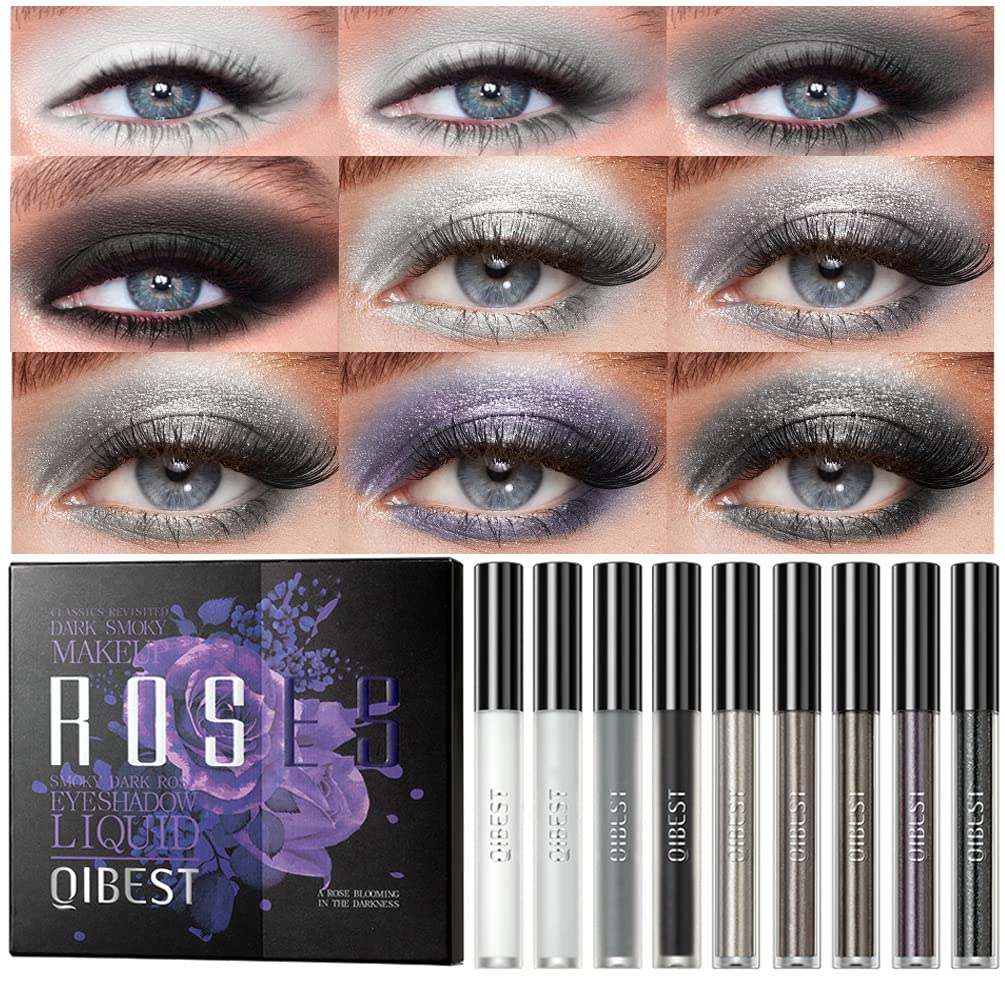 BestLand Liquid Black Smokey Gray Silver Glitter Shimmer Matte Eyeshadow Set Nude Smokey Black Make Up Eyeshadow Waterproof Quick Drying Liquid Eye Shadow Makeup (Dark Smoky)