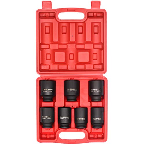 CASOMAN 1/2-Inch Drive Deep Spindle Axle Nut Impact Socket Set, Inch, Cr-Mo, 6-Point, 1-3/8-Inch - 1-3/4-Inch, 7 Piece Axle Socket Set