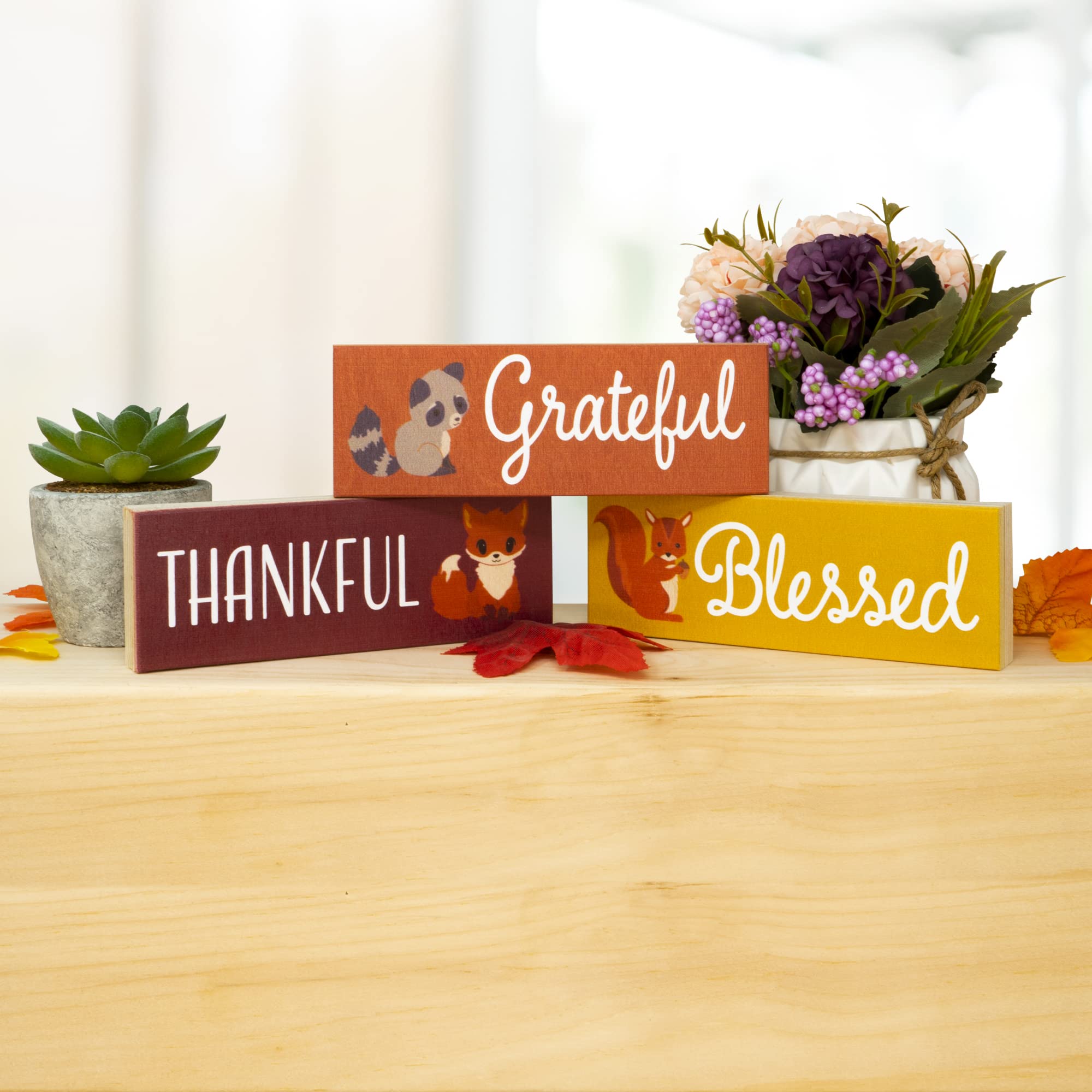 Fall Decorating Grateful Thankful Blessed Wood Block Signs β 3-Piece Fall Decor Set, Thanksgiving & Friendsgiving Decorations, Autumn Tiered Tray Accents