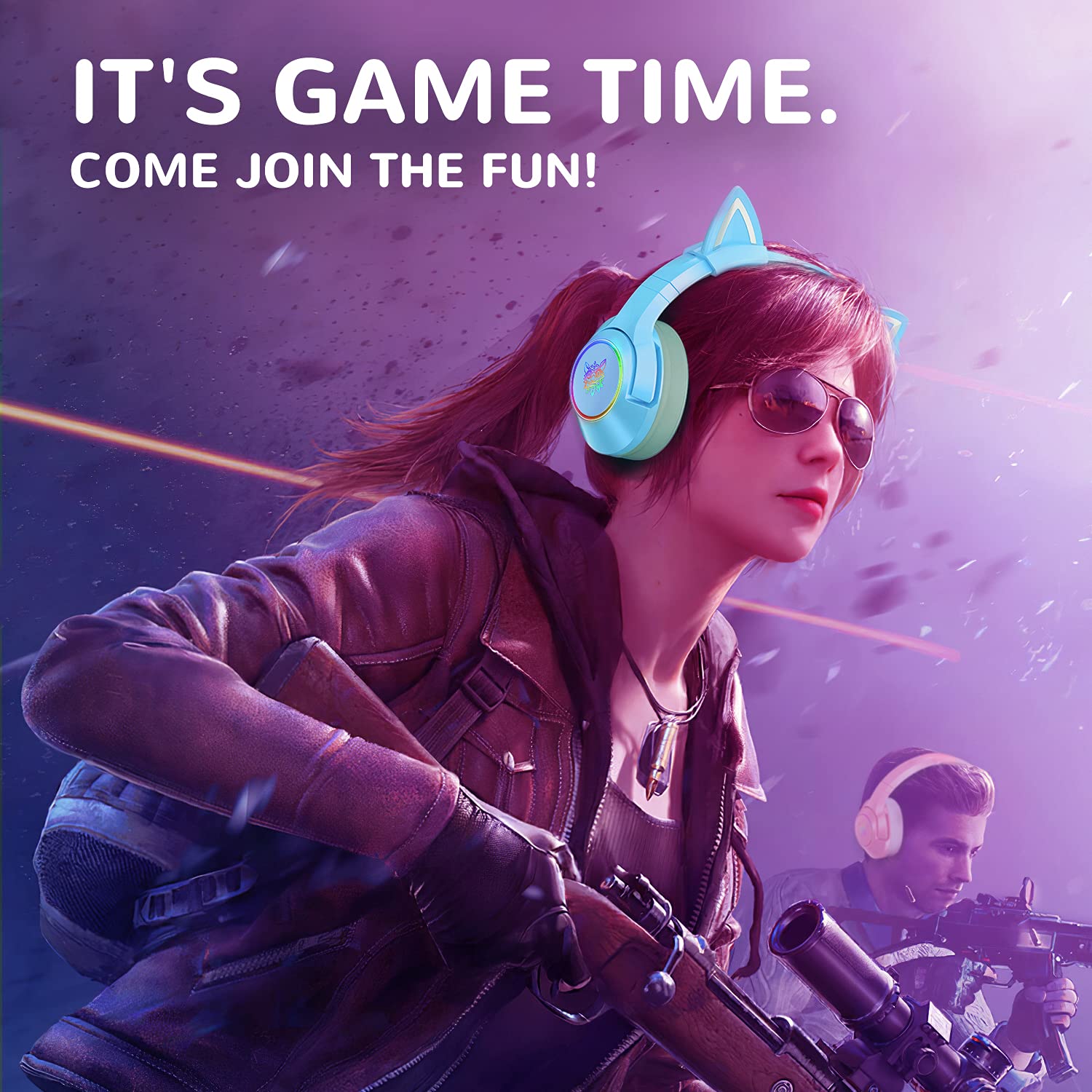 SIMGAL Blue Gaming Headset with Removable Cat Ears, Compatible with PC PS4 PS5 Xbox One(Adapter Not Included) Mobile Phones, with Surround Sound, RGB Backlight & Retractable Microphone