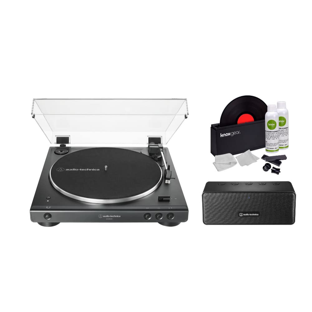 Audio-Technica AT-LP60XSPBT Fully Automatic Two-Speed Turntable and Bluetooth Speaker (Black) Bundle with Vinyl Record Cleaner Kit (2 Items)